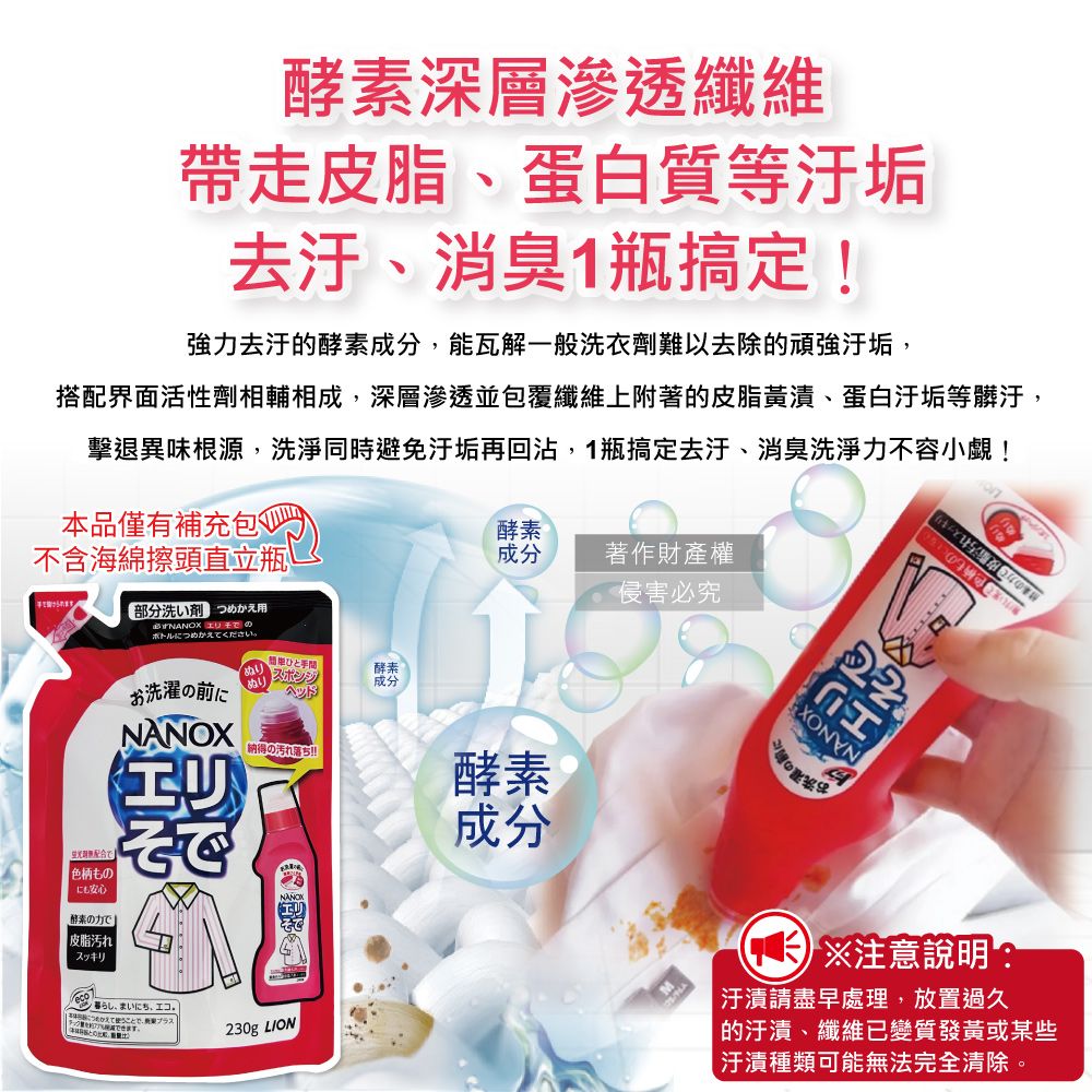 LION 日本獅王 (2袋超值組)NANOX海綿擦頭衣物局部去汙酵素清潔劑補充包230g/紅袋 - PChome 24h購物