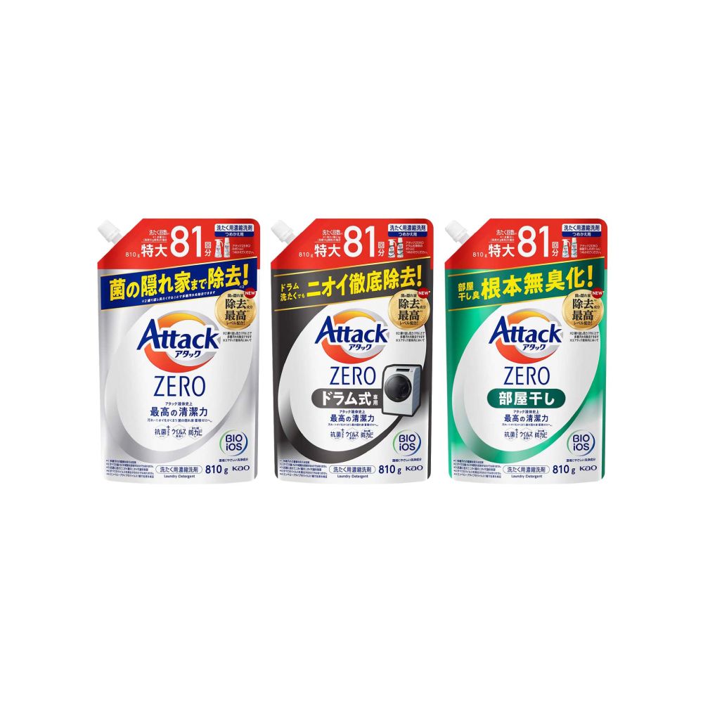 KAO 花王 日本Attack ZERO超濃縮洗衣精補充包810g/袋(直立式/滾筒式/室內晾曬消臭_3款可選) - PChome 24h購物