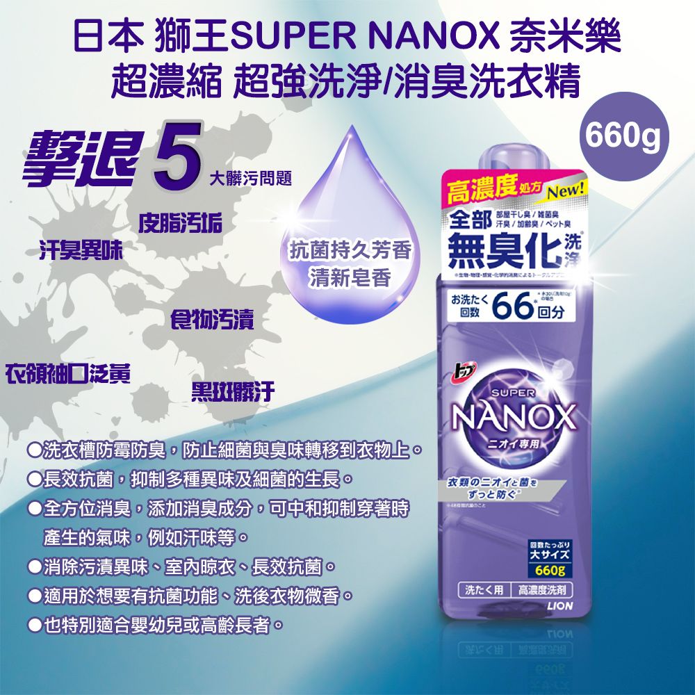日本 獅王 SUPER NANOX 奈米樂 超濃縮洗衣精 - 紫 660g - PChome 24h購物