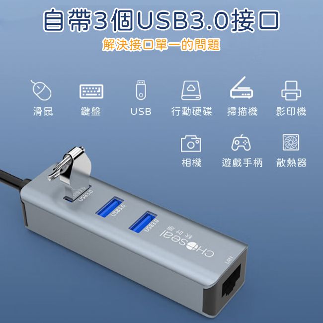 Choseal 秋葉原 【日本】Type-c轉RJ45/3孔USB3.0高傳輸多功能集線器鐵灰色 - PChome 24h購物