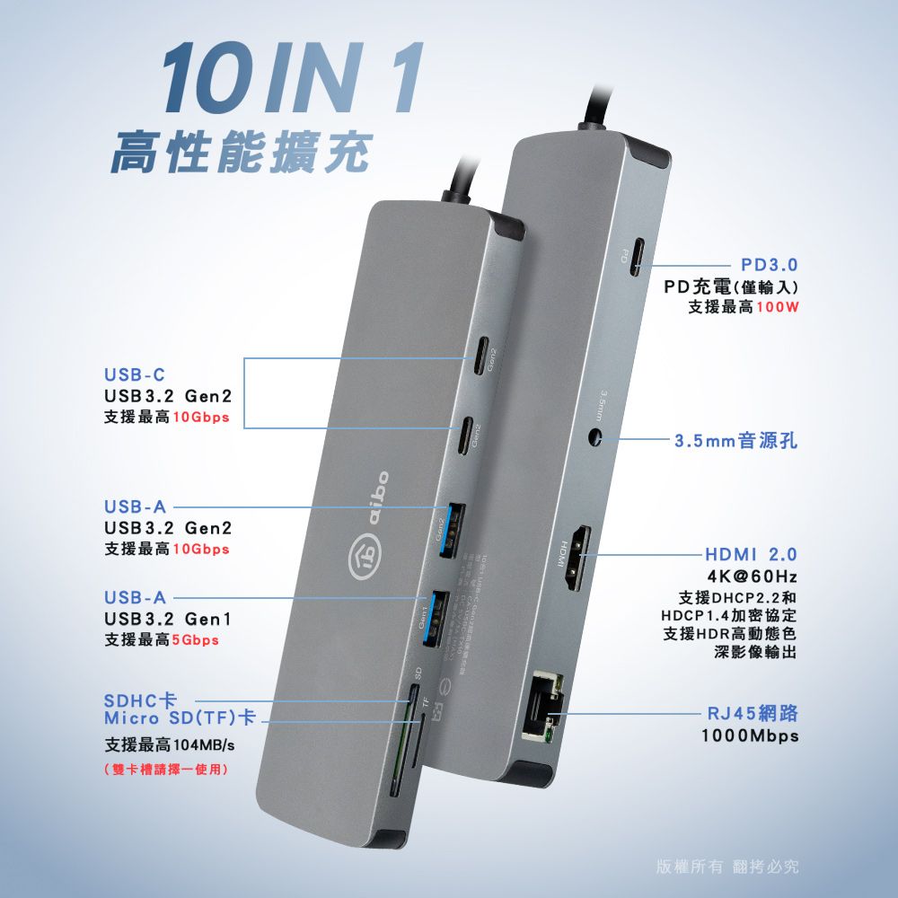 aibo 10合1 Type-C USB3.2 Gen2 超高速多功能擴充器 - PChome 24h購物