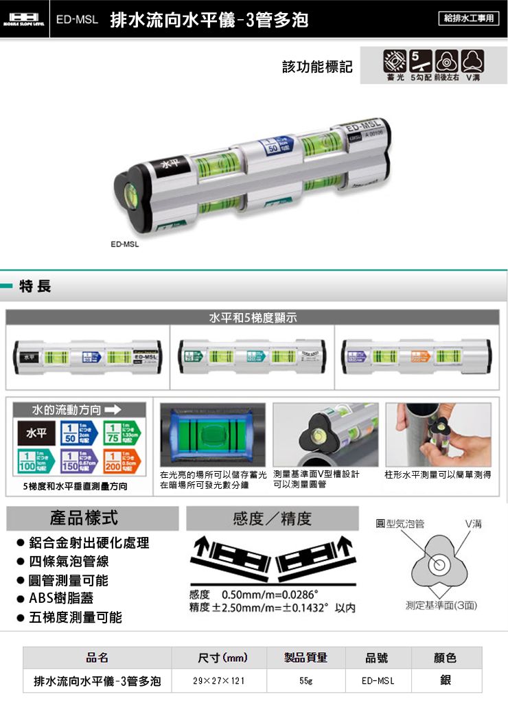 EBISU 【日本】排水流向水平儀 (3管多泡) ED-MSL - PChome 24h購物