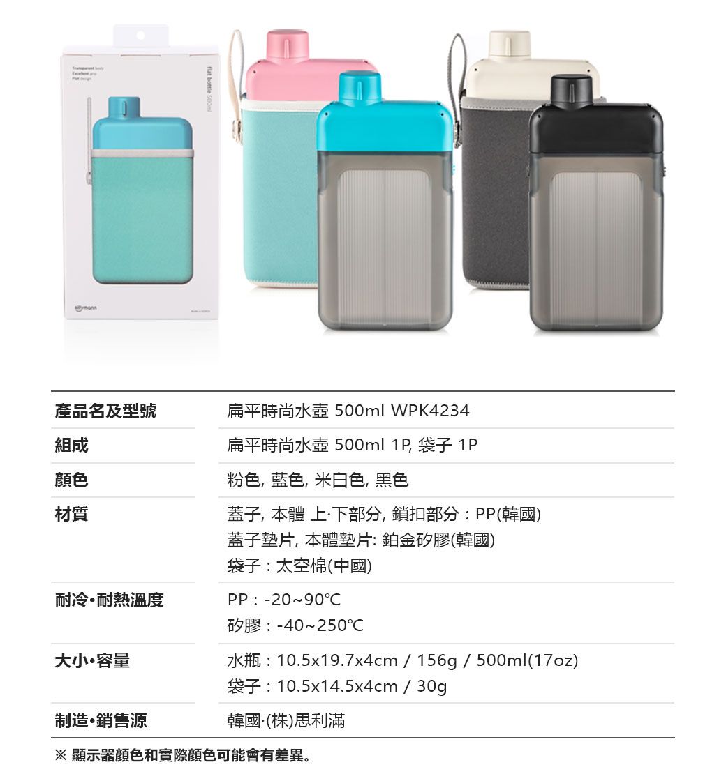 sillymann 【韓國】 扁平時尚水壺-500ml(4色) - PChome 24h購物