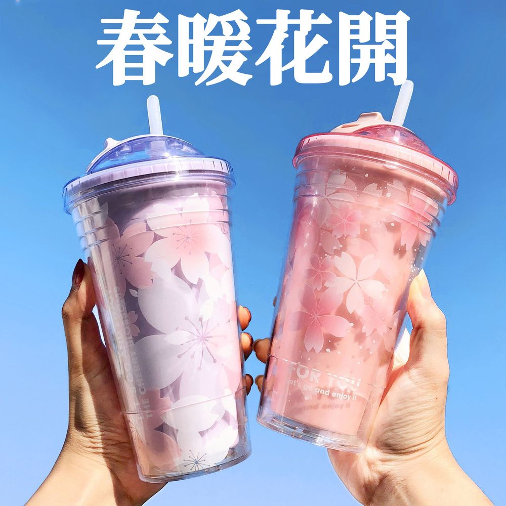 櫻花 吸管杯 雙層 水杯 450ml 保溫水杯 吸管水瓶 吸管水壺 ins風 隨行杯 雙層隔熱杯 - PChome 24h購物