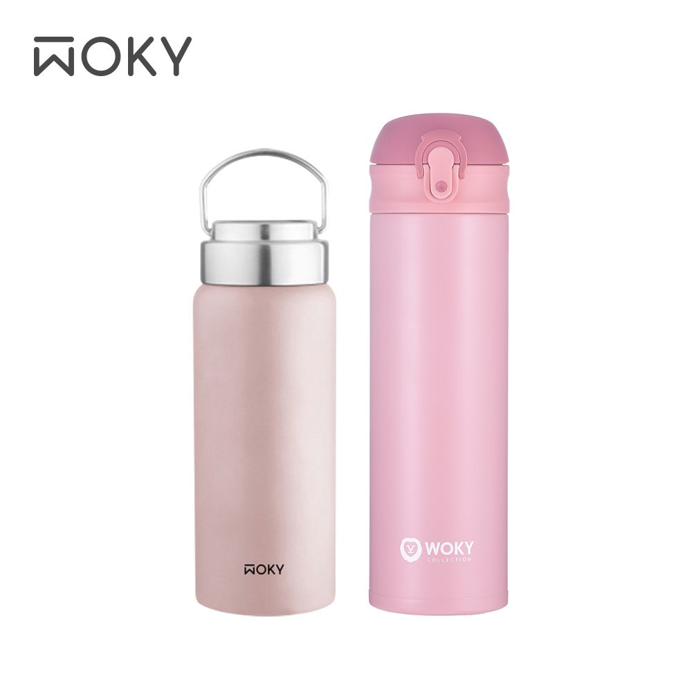 WOKY 沃廚 【 -買1送1】提手輕芯鈦瓷易潔層保溫瓶500ml-粉色+彈蓋不鏽鋼保溫瓶500ml-粉色 - PChome 24h購物