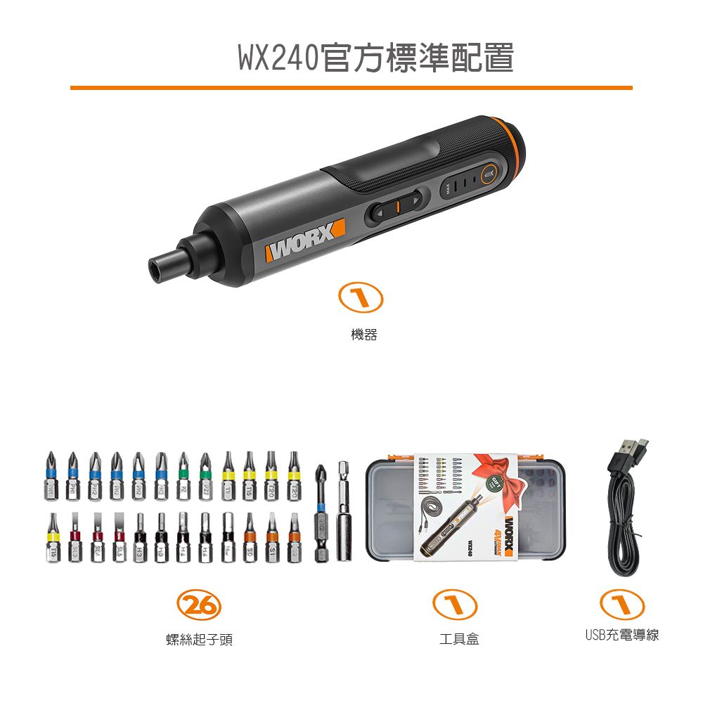 WORX 威克士 4V 鋰電起子機 WX240(含26件螺絲起子頭及工具盒) - PChome 24h購物