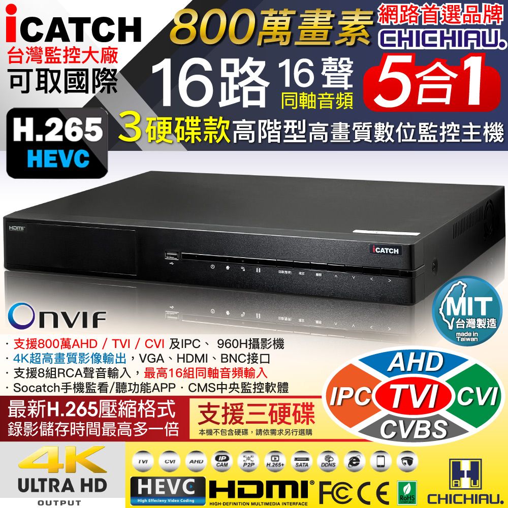 chichiau 奇巧 16路16聲同軸音頻 800萬 AHD TVI CVI 5MP台製iCATCH數位高清遠端三硬碟款監控錄影主機 - PChome 24h購物