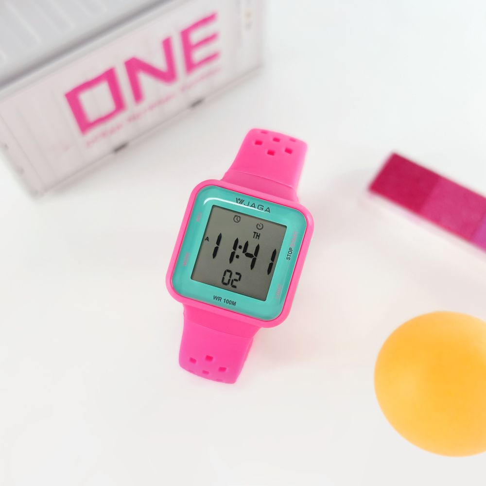 JAGA 捷卡 / M1215-GF / 方型電子 計時 鬧鈴 防水100米 透氣矽膠手錶 粉綠色 32mm - PChome 24h購物