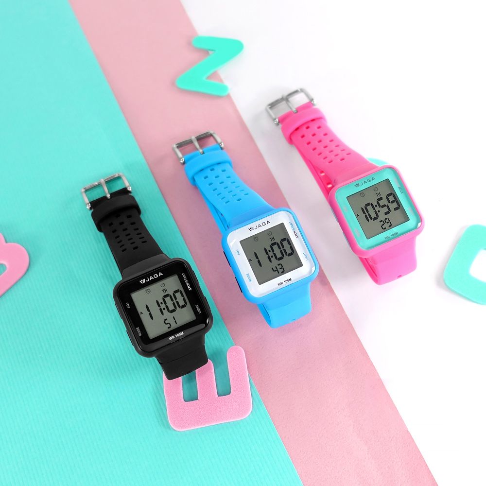 JAGA 捷卡 / M1215-GF / 方型電子 計時 鬧鈴 防水100米 透氣矽膠手錶 粉綠色 32mm - PChome 24h購物