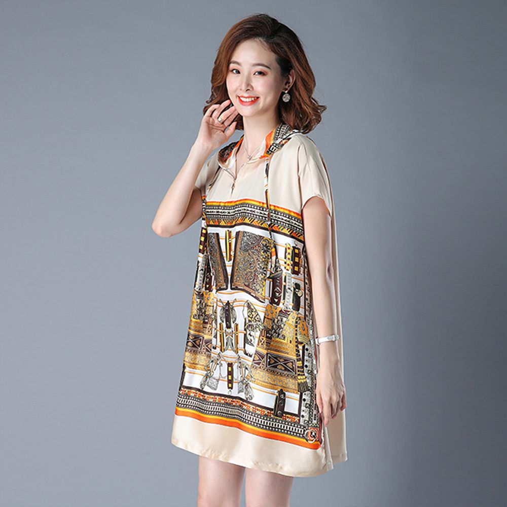 【韓國K.W.】KBN6766現貨時髦雅致拼接絲質感連帽洋裝(韓國K.W./洋裝/印花) - PChome 24h購物