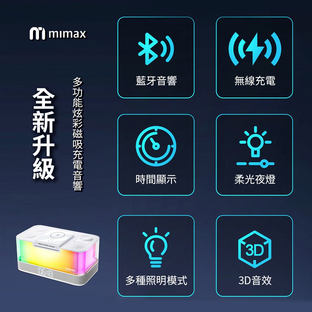 mimax 米覓 多功能炫彩磁吸充電音響 3D音響 磁吸充電 超強磁力吸住 三合一充電 時鐘顯示 - PChome 24h購物