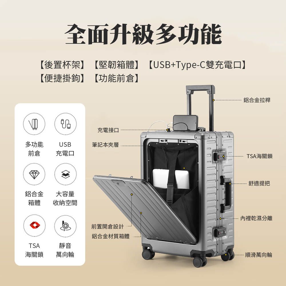 mimax 米覓 mimax 全金屬行李箱24吋 安全防盜鎖 防刮箱體 鋁合金拉桿 type-c充電接口 - PChome 24h購物
