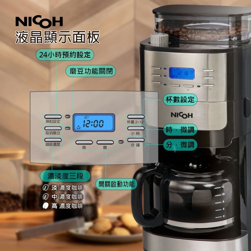 NICOH 日本美式自動錐刀研磨咖啡機2~12杯NK-C012 - PChome 24h購物