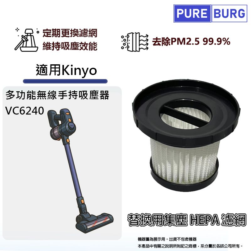 PUREBURG 適用Kinyo KVC-6240 KVC6240多功能無線手持吸塵器替換用HEPA濾網濾芯 - PChome 24h購物