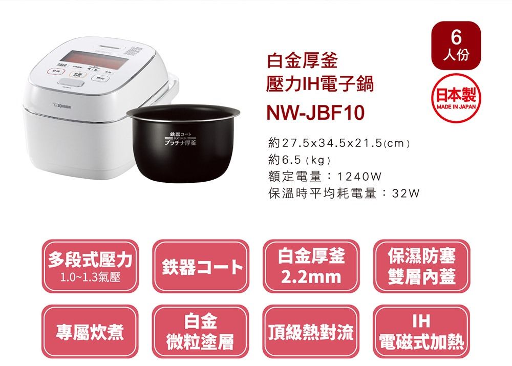象印6人份鐵器塗層白金厚釜壓力IH電子鍋(NW-JBF10) - PChome 24h購物