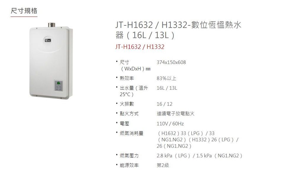 喜特麗 【JTL 】16L《屋內型》數位恆溫熱水器JT-H1632 全台配送+基本安裝 - PChome 24h購物