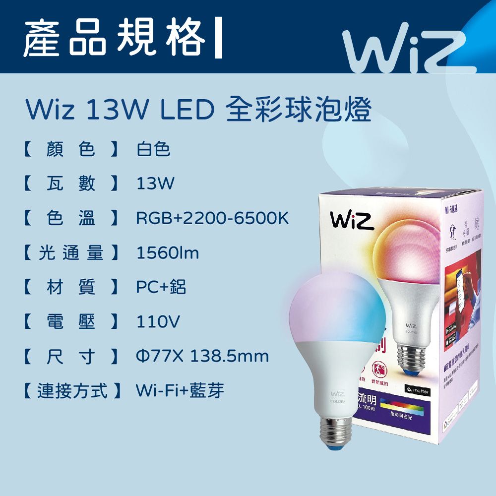 PHILIPS 飛利浦 【4入組】LED WiZ 13W 110V APP手機控制 調光調色 智慧照明 球泡燈 全彩燈泡 - PChome 24h購物