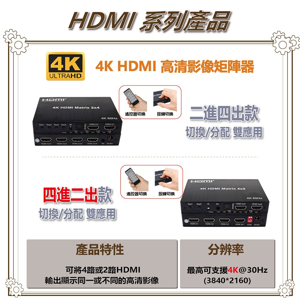 Changyun 昌運監視器 HD-MT404-4K 4K HDMI四進四出矩陣器 可將4路HDMI輸出顯示同一或不同的高清影像 - PChome 24h購物