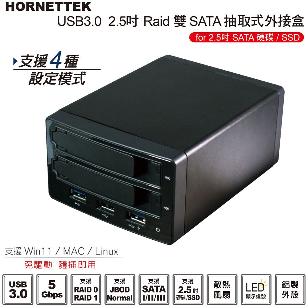 HORNETTEK USB3.0 2.5" Raid 雙SATA 抽取式外接盒 - PChome 24h購物