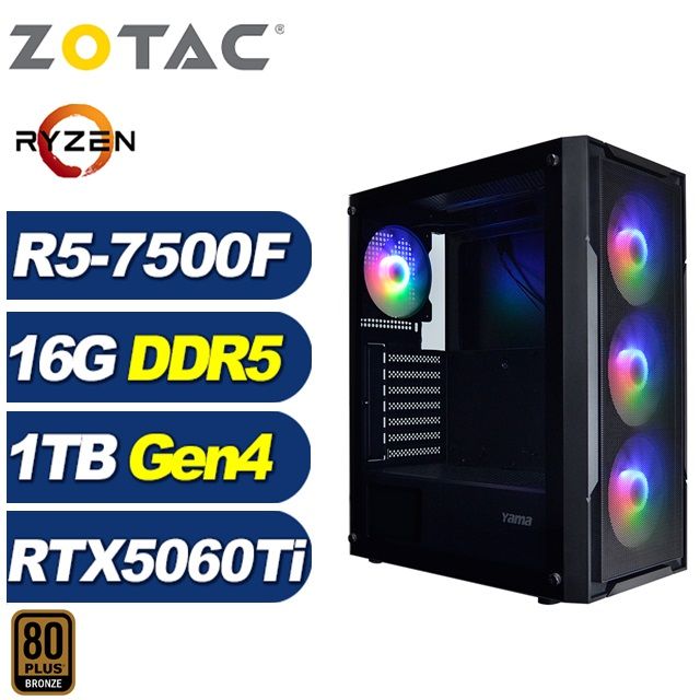 ZOTAC (DIY)突擊艦KA8C(R5-7500F/RTX 5060 Ti/技嘉A620/16G/1TB M.2) - PChome 24h購物