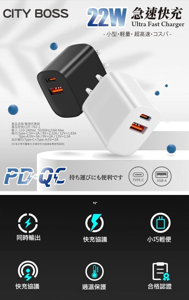 【南紡購物中心】 CITY BOSS 22W 雙口PD+QC智能快充COT-762-1 台製 - PChome 24h購物