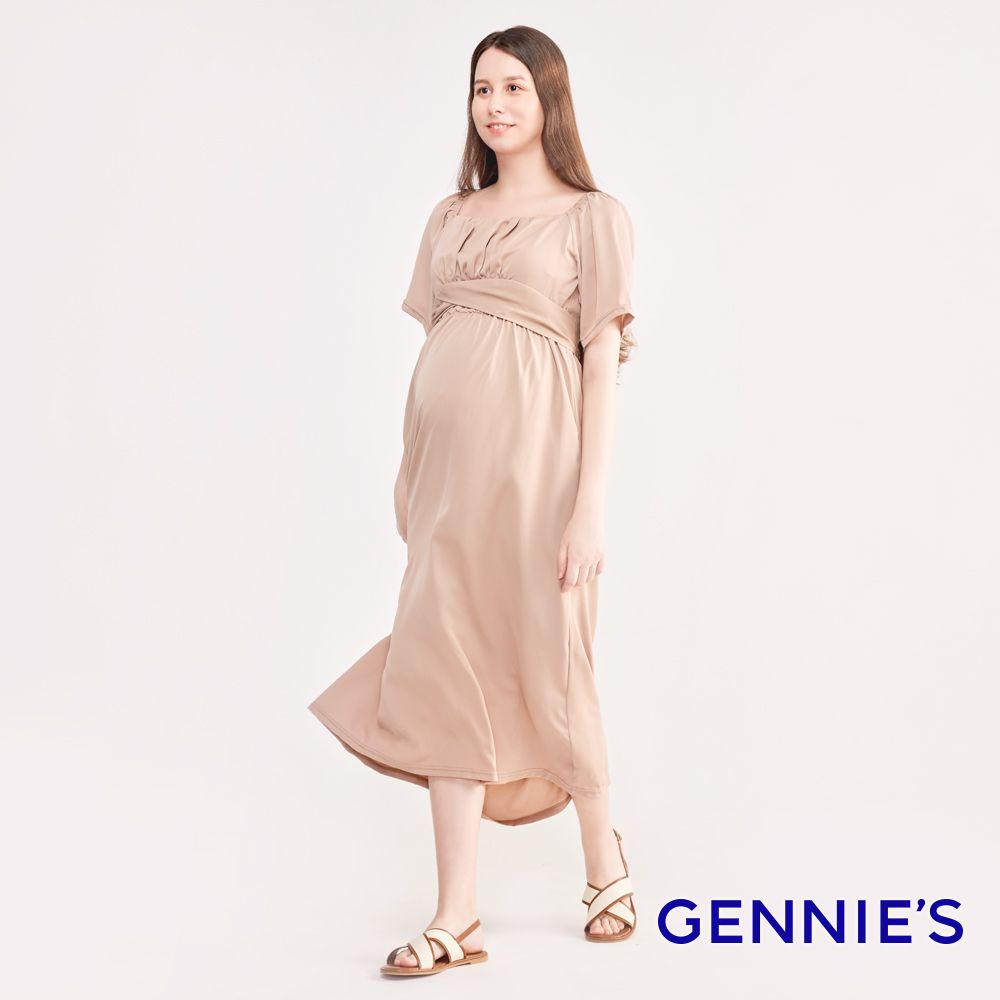 Gennies 奇妮 法式方領收腰孕婦洋裝(棕) - PChome 24h購物