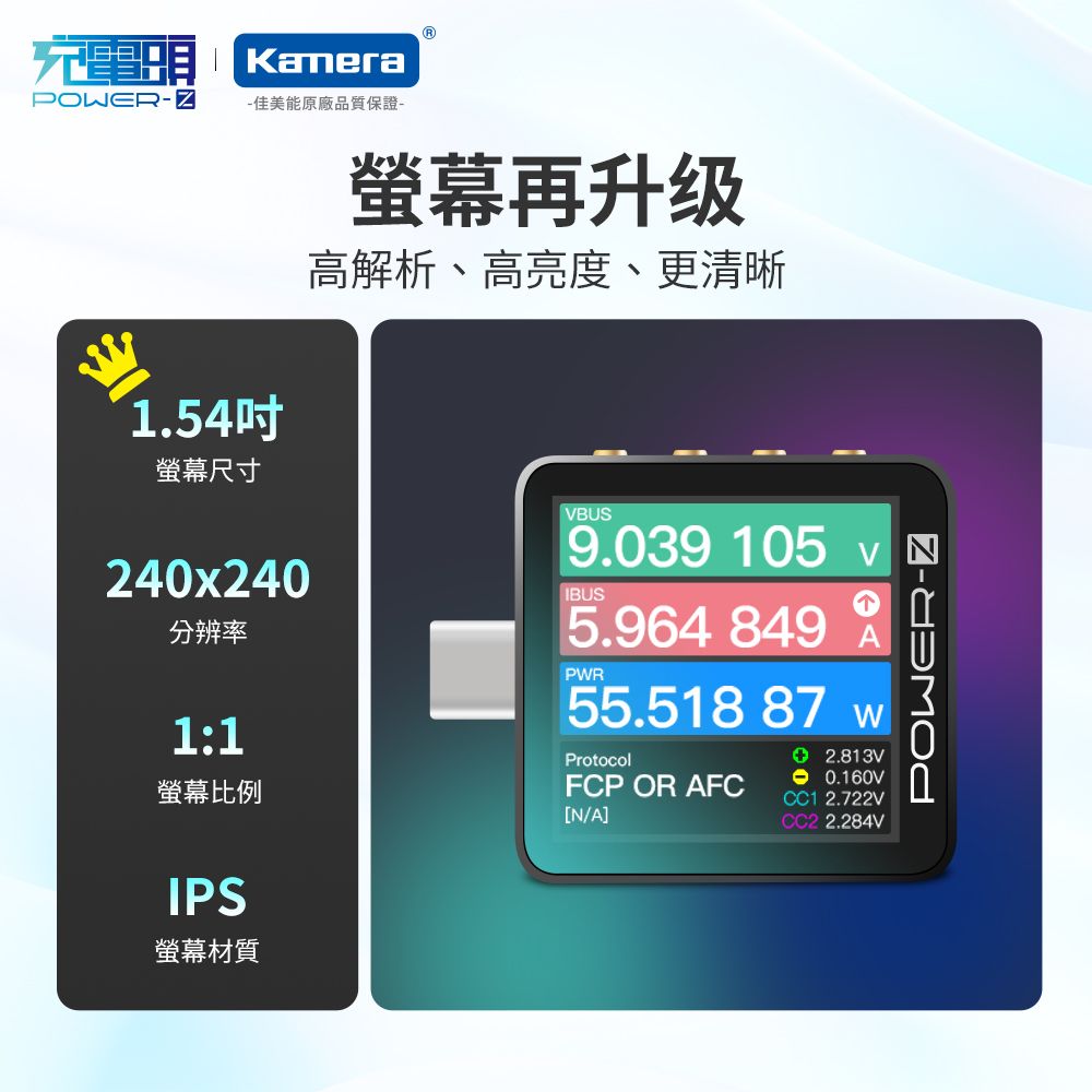POWER-Z USBC口 1.54吋螢幕 測240W大功率PD 3.1 50V 6A 充電頭測試儀 KM003C 電壓電流 PD USB 電流檢測儀 - PChome 24h購物