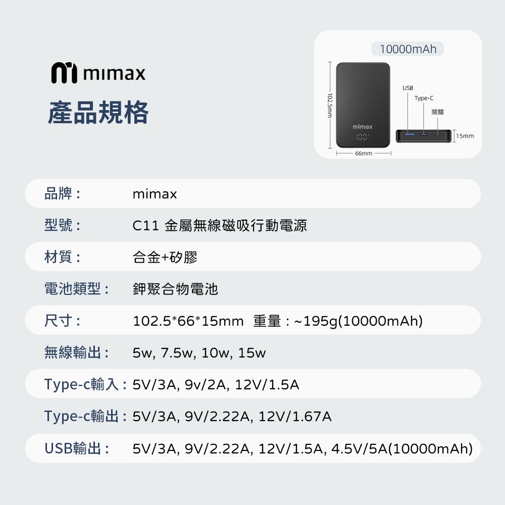 mimax 米覓 金屬磁吸行動電源 10000mAh 附卡套磁吸支架 - PChome 24h購物