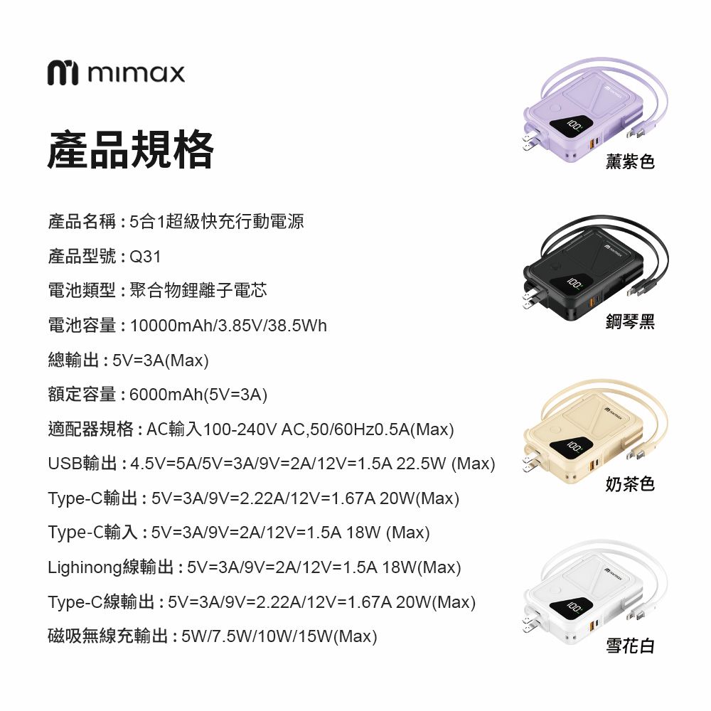 mimax 米覓 五合一超級快充行動電源 Q31 10000mAh - PChome 24h購物